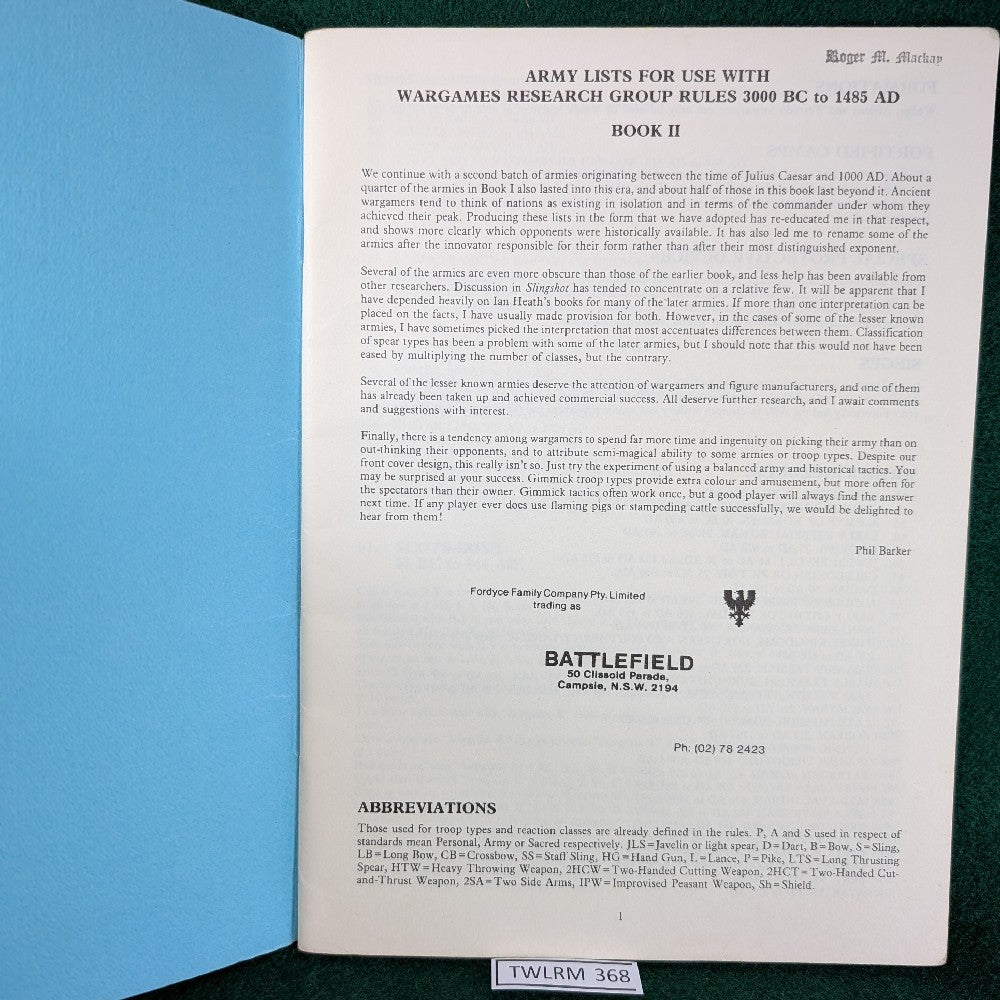Army Lists: Book Two, 55BC-1000AD - WRG - January 1982 - Softcover ...