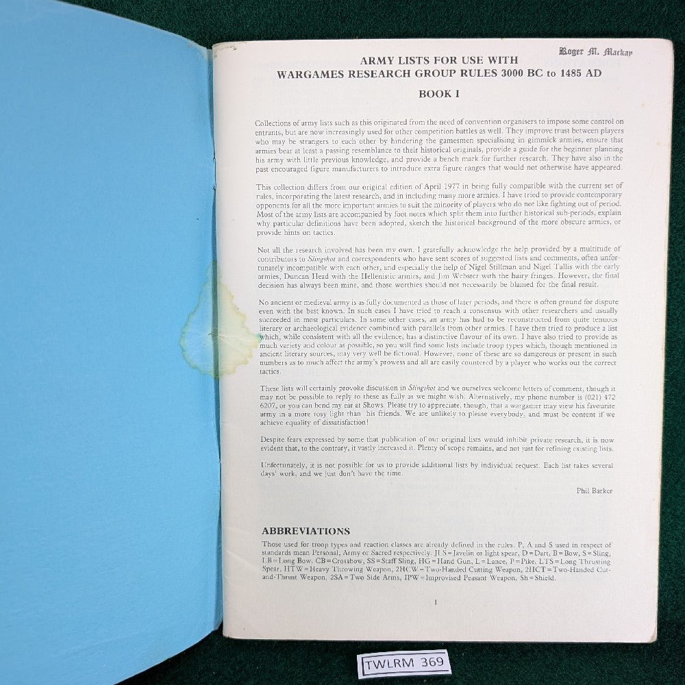Army Lists: Book One, 3000BC-75AD - WRG - August 1981 - Softcover – The ...